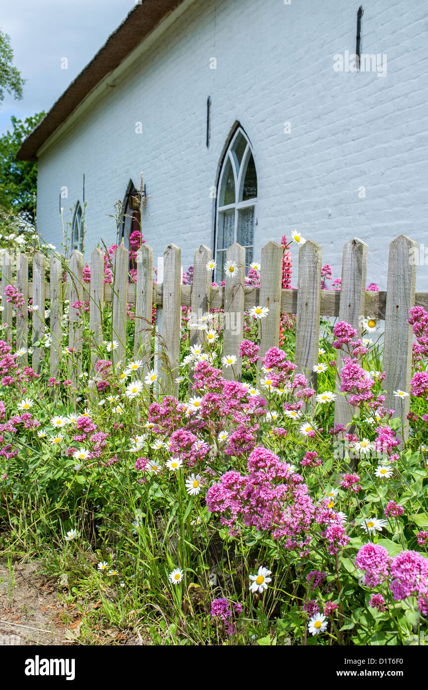 White Painted Country Cottage with Wild Flowers Growing around Picket ...