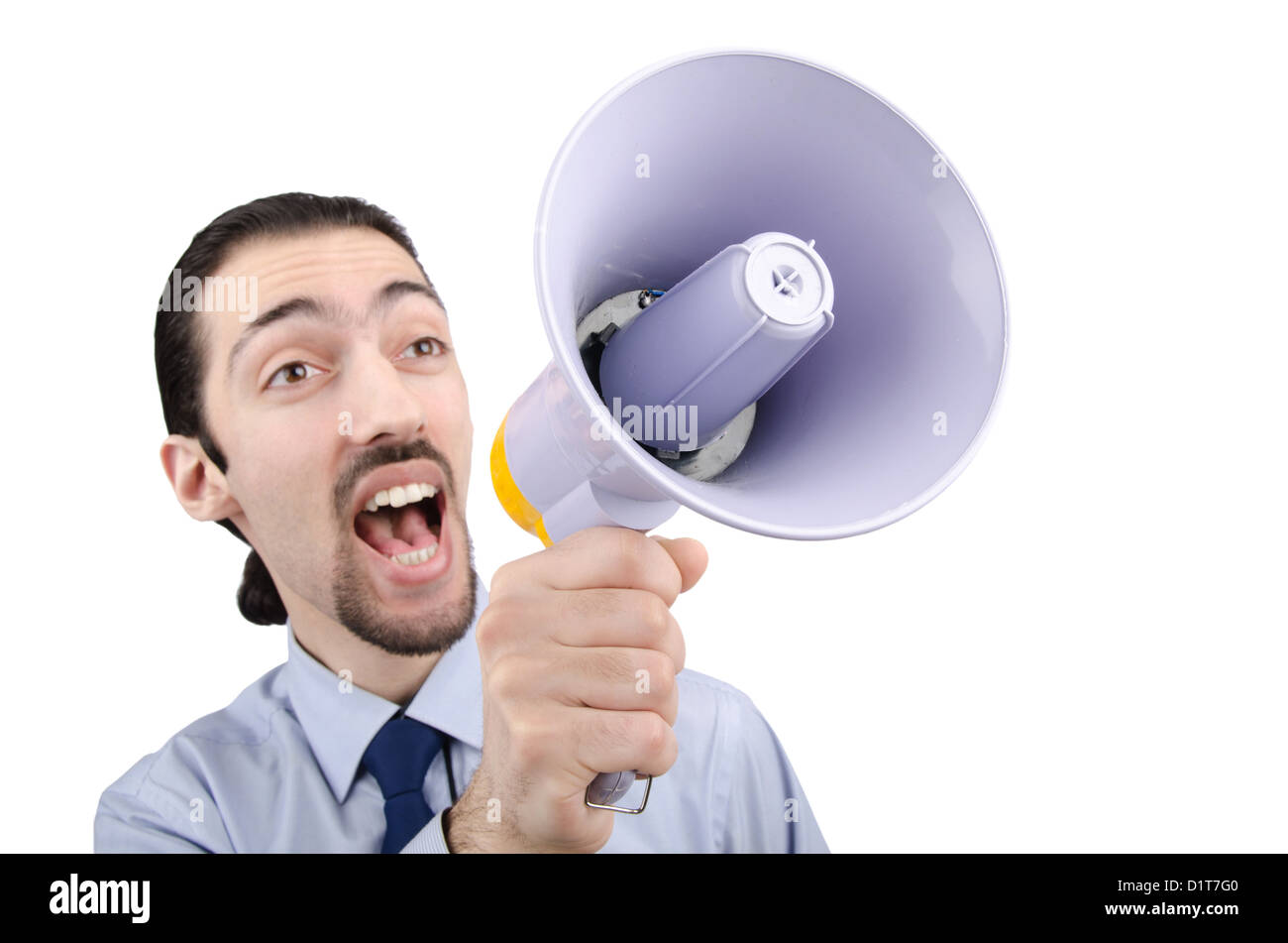 Man shouting and yelling with loudspeaker Stock Photo - Alamy