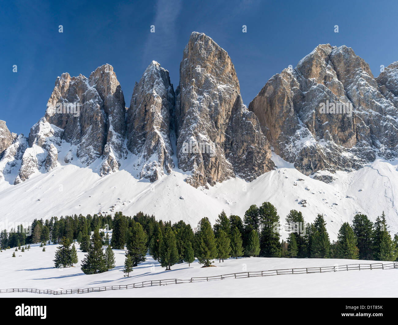 The peaks of the Geisler mountain range in valley Villnoess after a ...