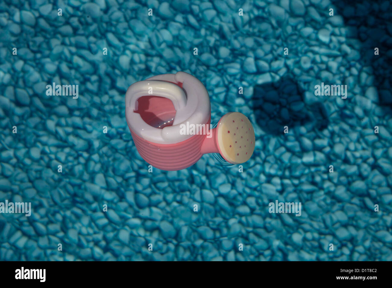 pink and white plastic watering can floating in swimming pool Stock ...