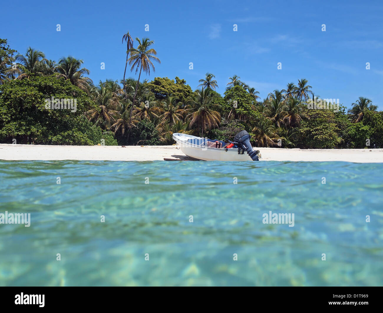 Boat landed on sandy beach shore with tropical vegetation, seen from ...