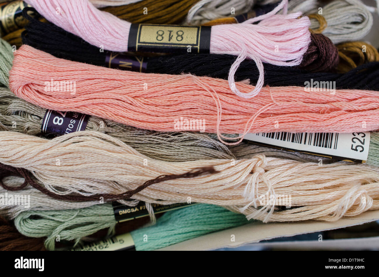 Skein of cotton thread jumbled together at a market stall Stock Photo ...