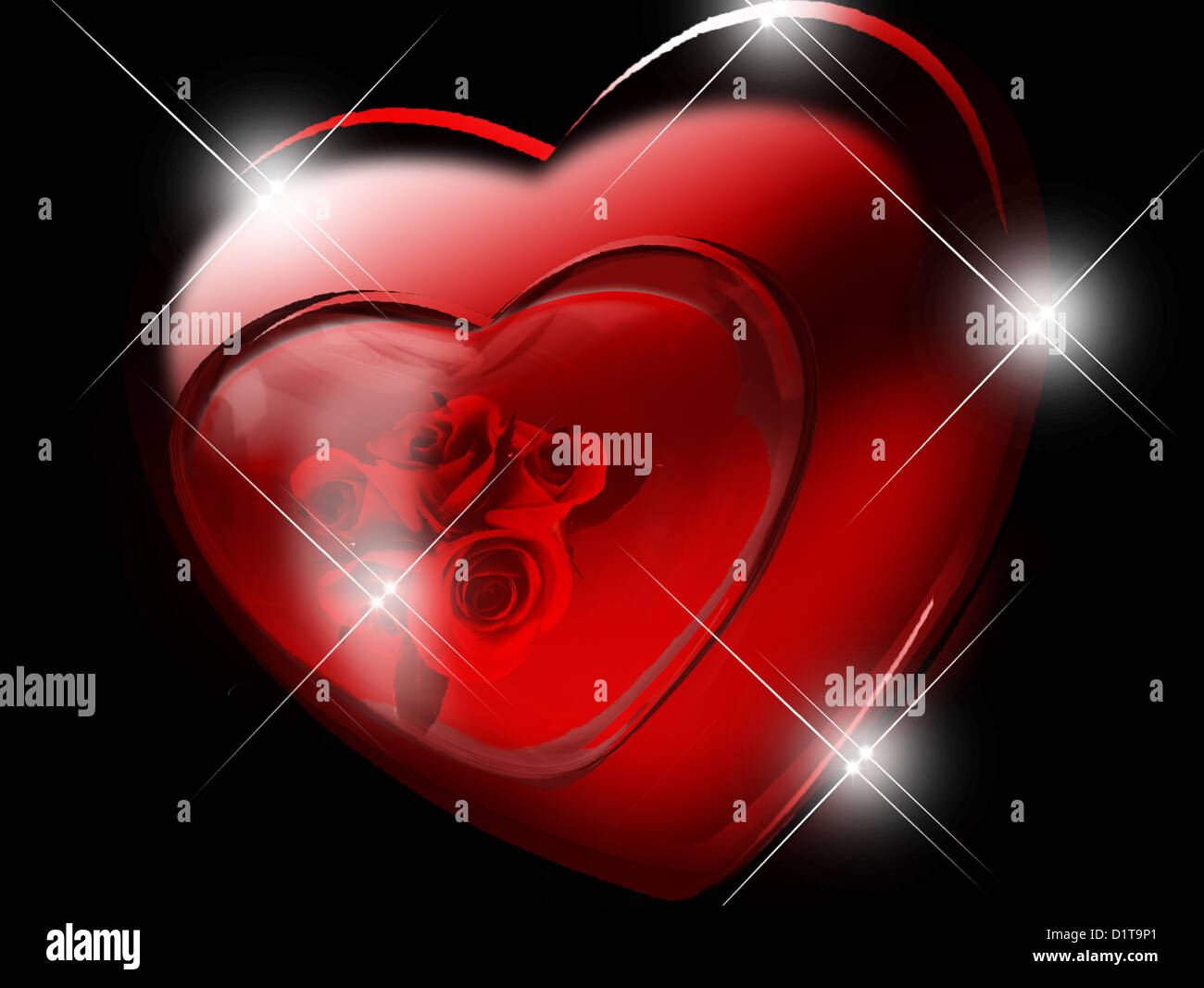 Two glass hearts with a rose inside Stock Photo - Alamy