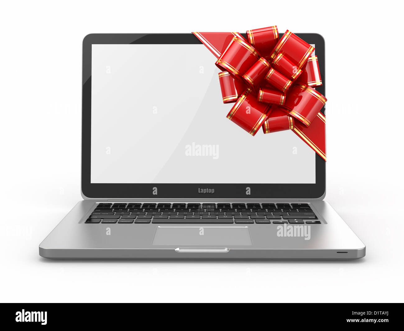 Laptop gift. Bow and ribbon on screen. 3d Stock Photo - Alamy
