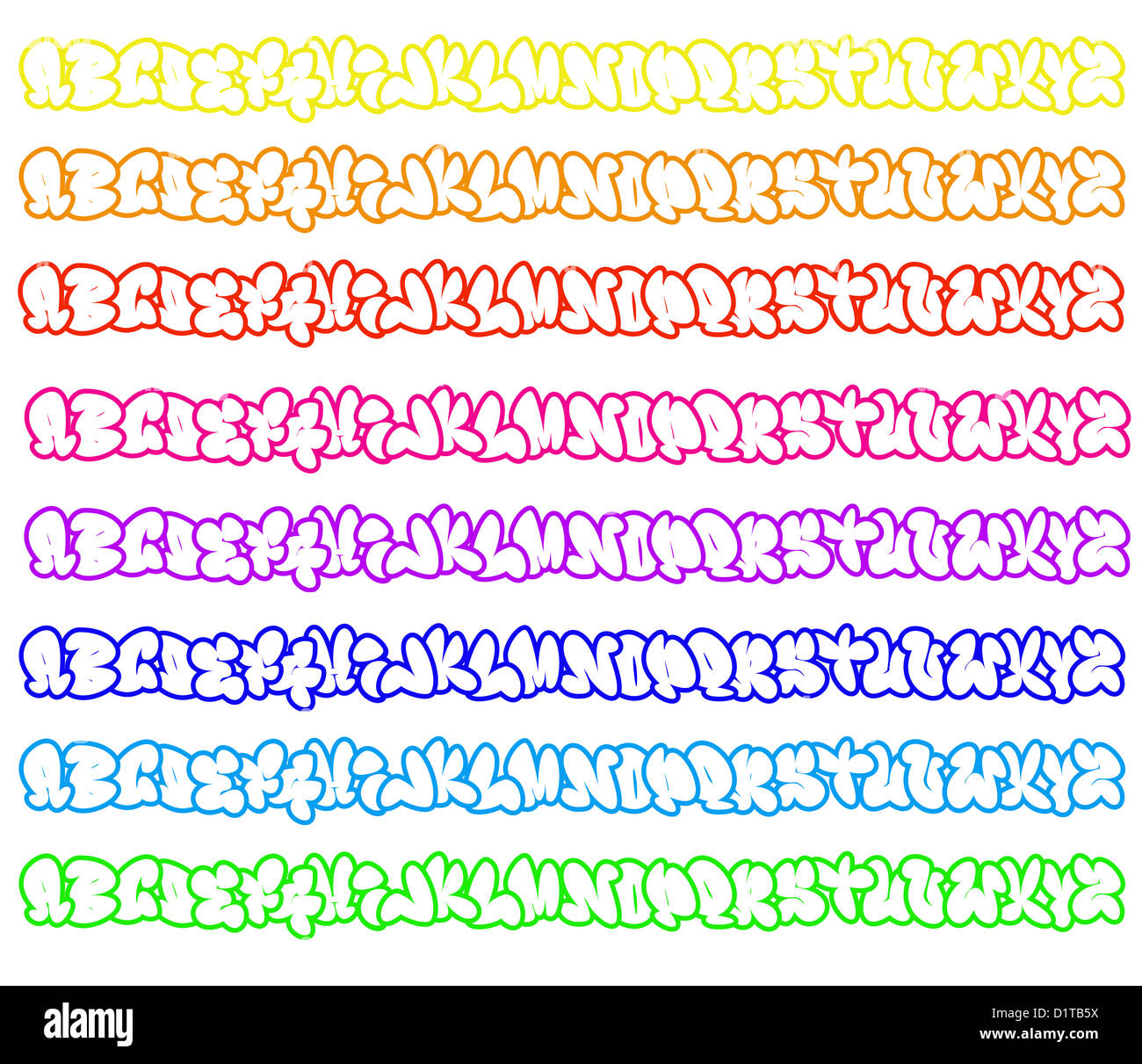 horizontal typical graffiti alphabet in 7 different colors Stock Photo ...