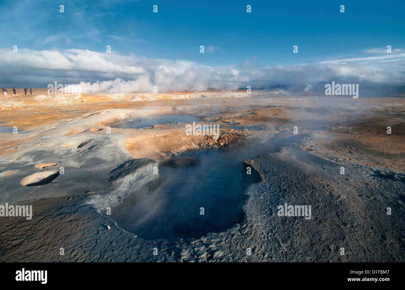 smoking fumaroles at the geothermal area of Hverir near Lake Myvatn ...