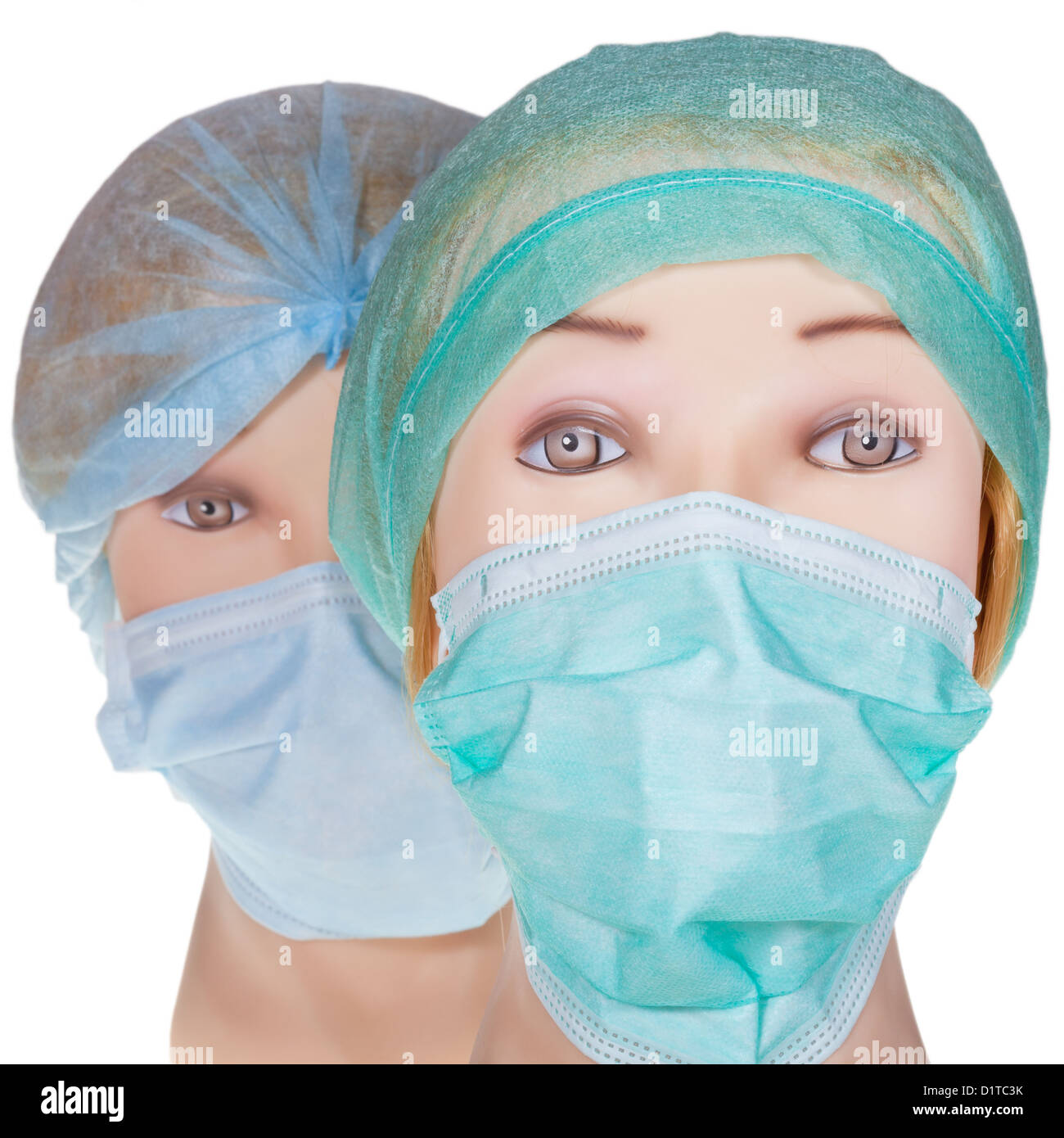 female dummy doctor heads wearing textile surgical cap and medical ...