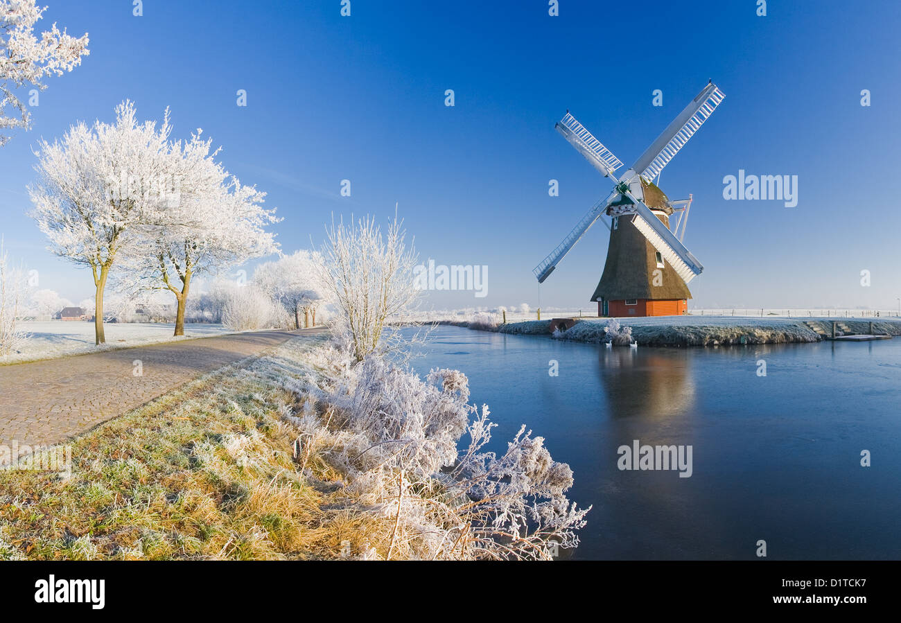 Winter in Holland at the Krminstermill near Zuidwolde, province ...