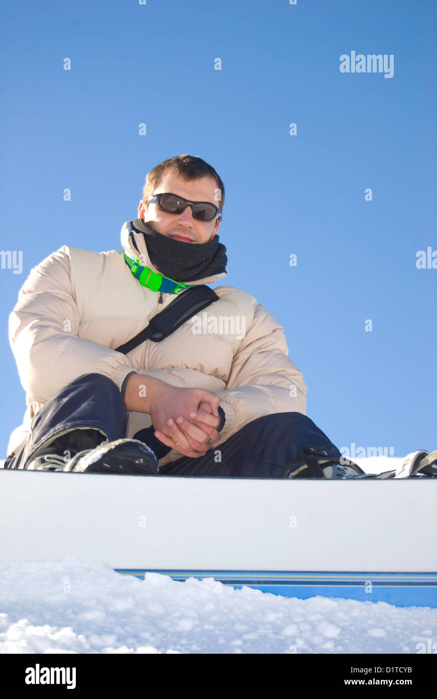 Snowboarder portrait vertical in a bright sunshine day stock photo ...