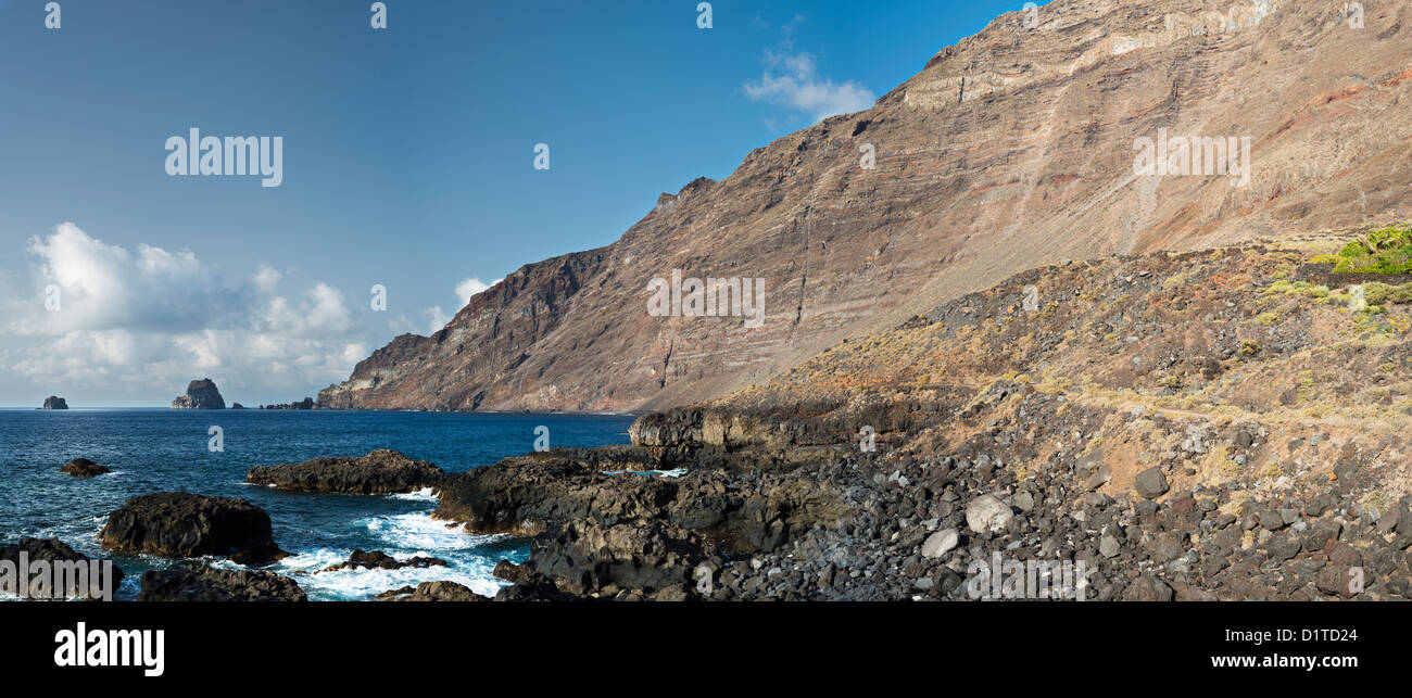Lava cliff and sea stacks (Roques de Salmor) at eastern end of the El Golfo embayment, Las ...