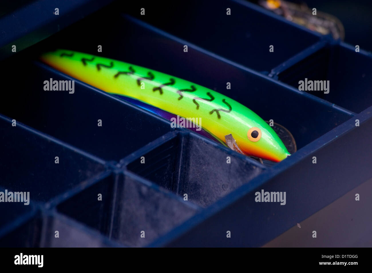 A green, yellow and orange plastic fishing lour sits in a navy blue ...