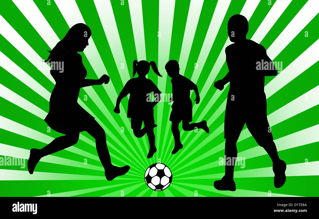 family soccer with green rays in background Stock Photo - Alamy