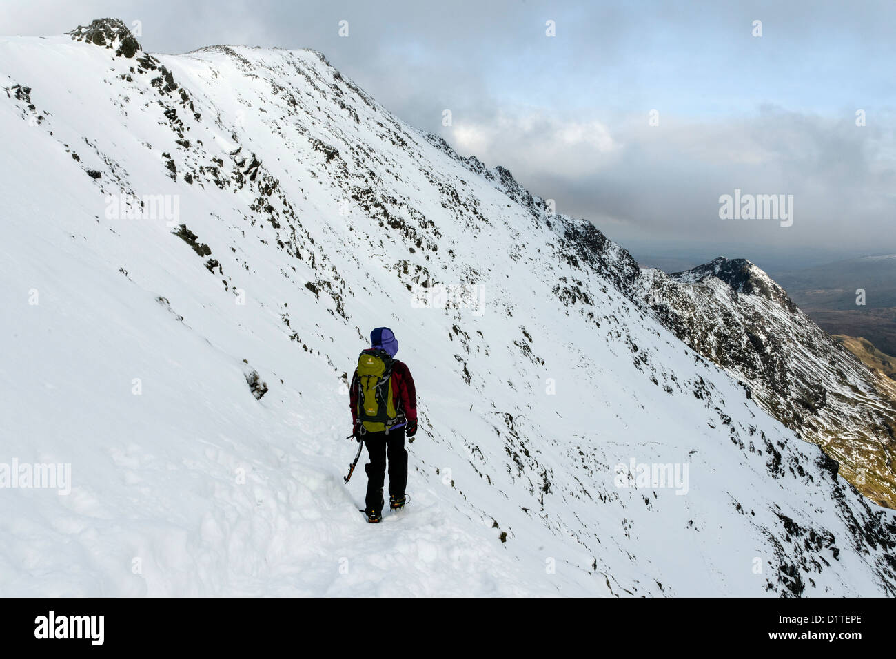 A hillwalker on Snowdon in winter conditions Stock Photo - Alamy