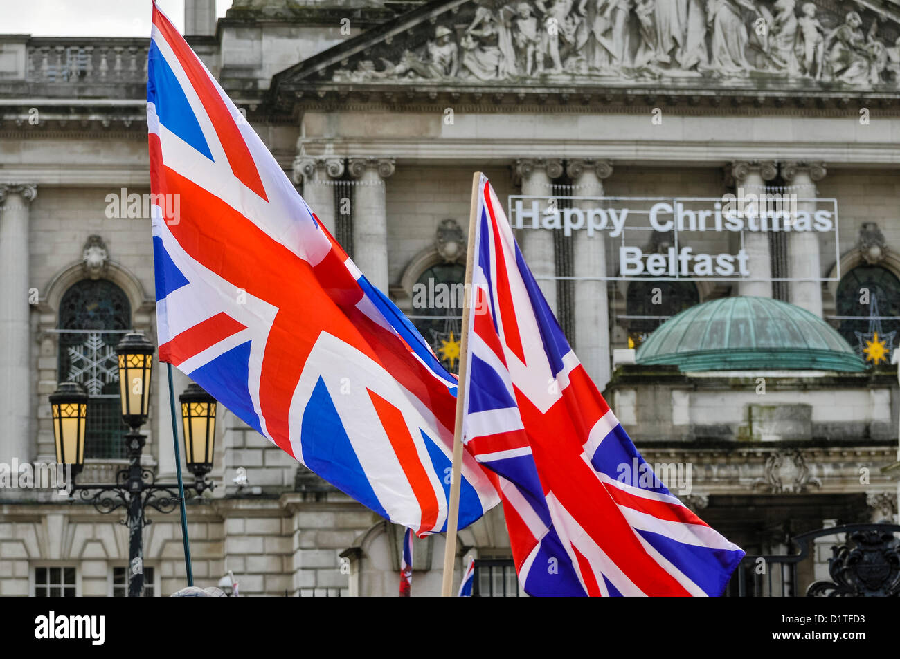 5th January 2013. Belfast, Northern Ireland - Two Union Flags fly in ...