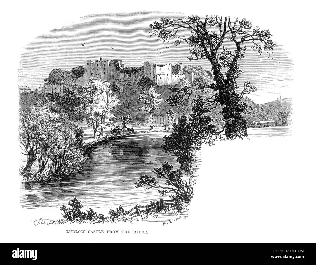 Ludlow Castle from the River Teme; 19th Century Illustration circa 1895 ...