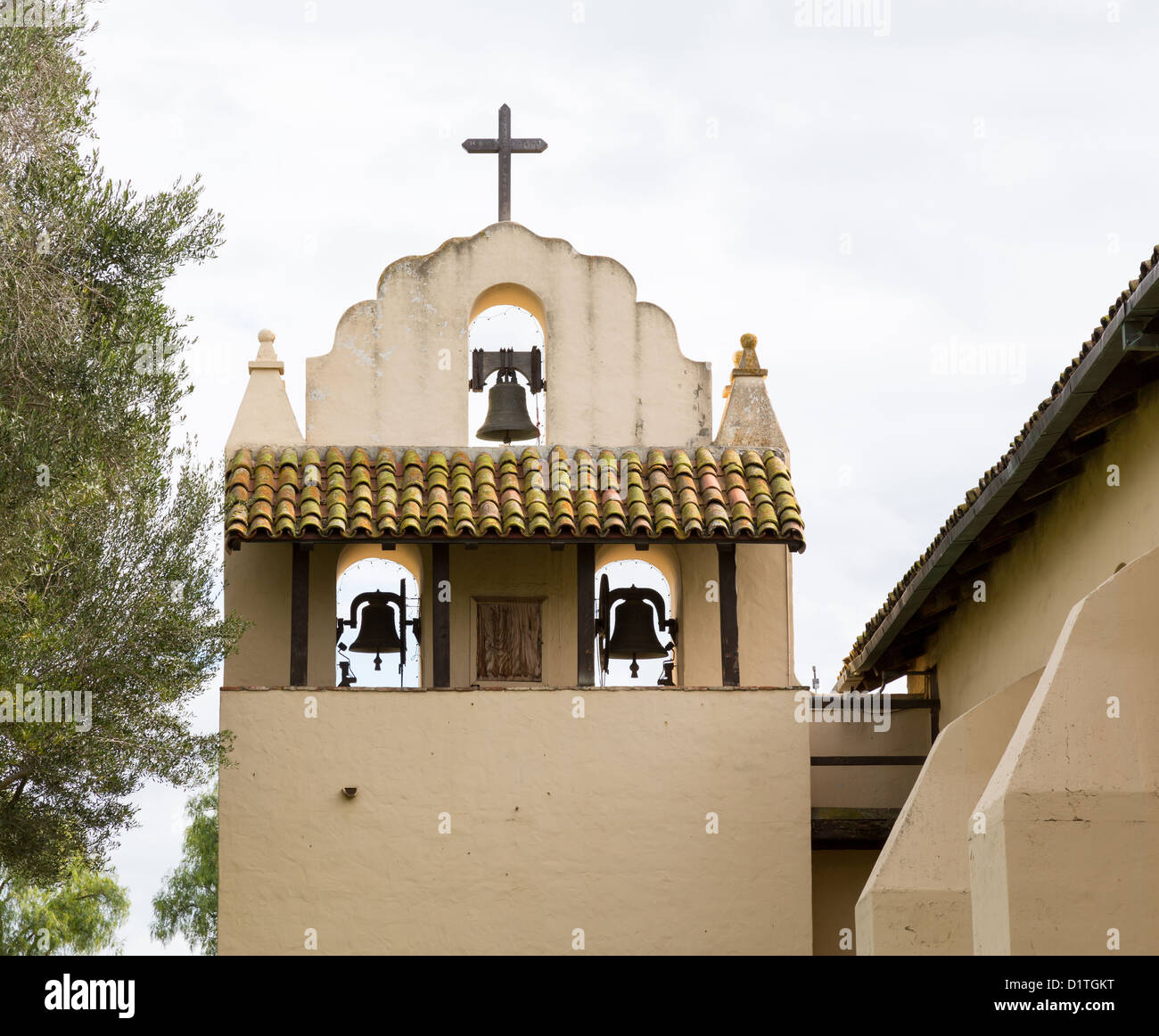 Mission Santa Ines in California detail of three bells in belltower ...