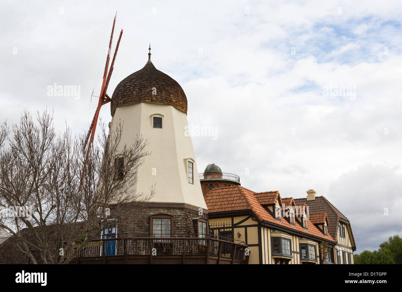 Detail on old windmill with red sails in danish town of Solvang in ...