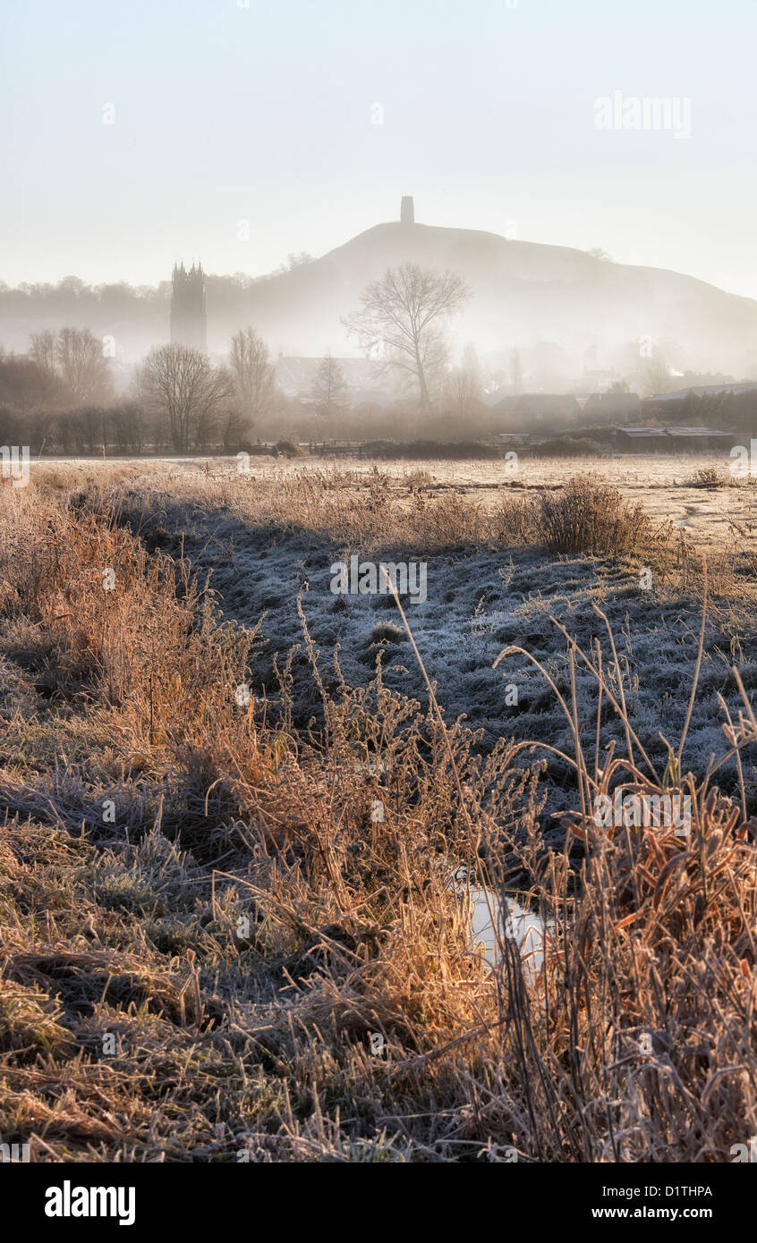 Glastonbury Tor viewed across the Somerset Levels on a cold winter ...