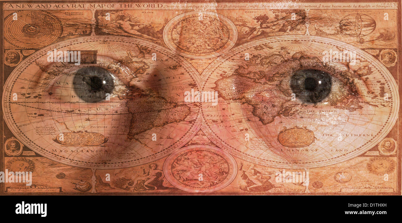 mans eyes overlayed by old world map Stock Photo - Alamy