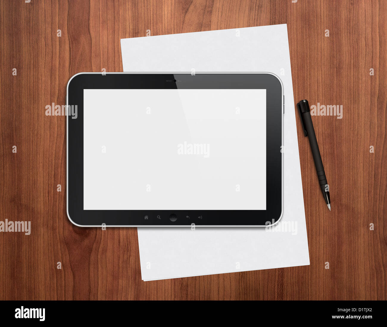 Modern blank digital tablet with papers and pen on a wooden desk. Top ...