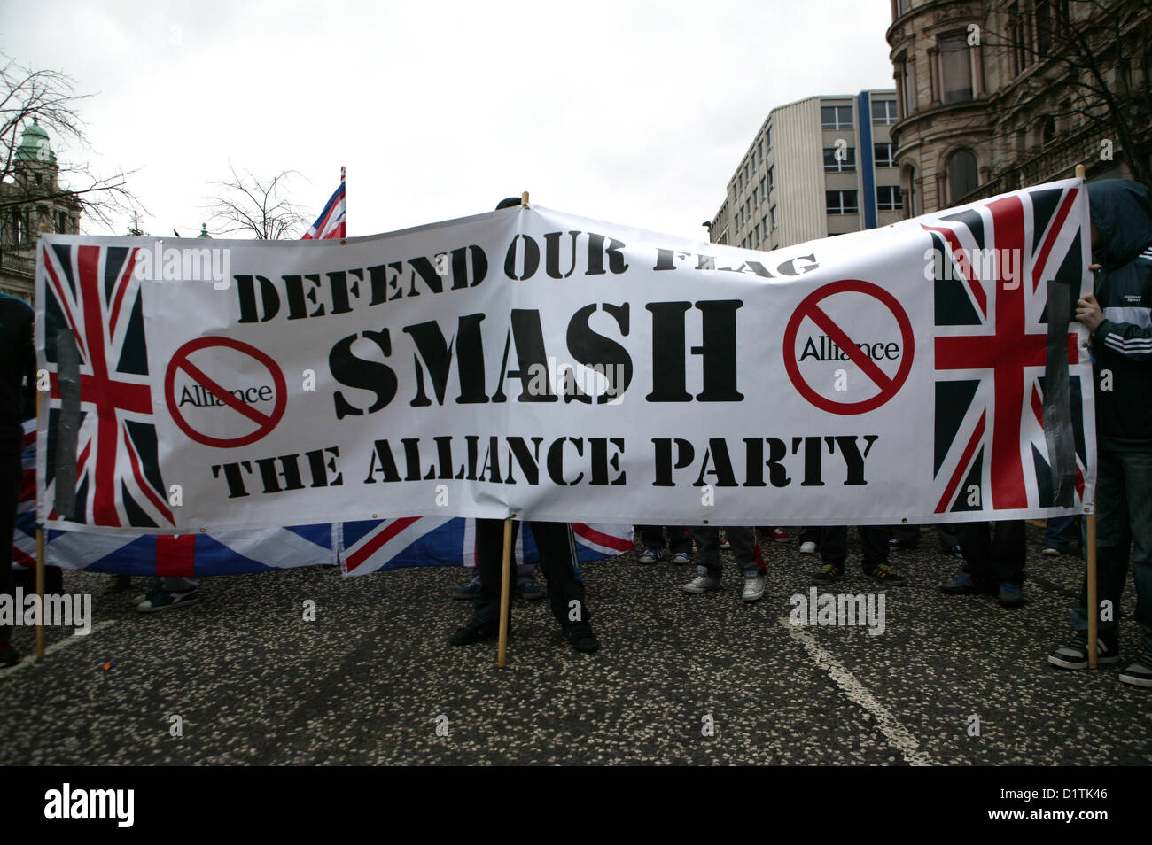 Belfast, UK. 5th Jan, 2013. Smash the Alliance party Banner, at the ...