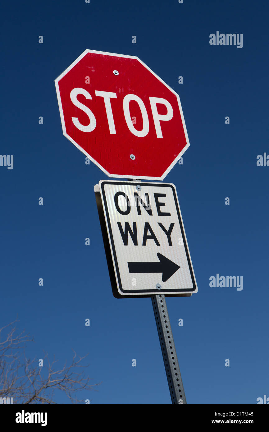 An American Stop and One Way sign Stock Photo - Alamy