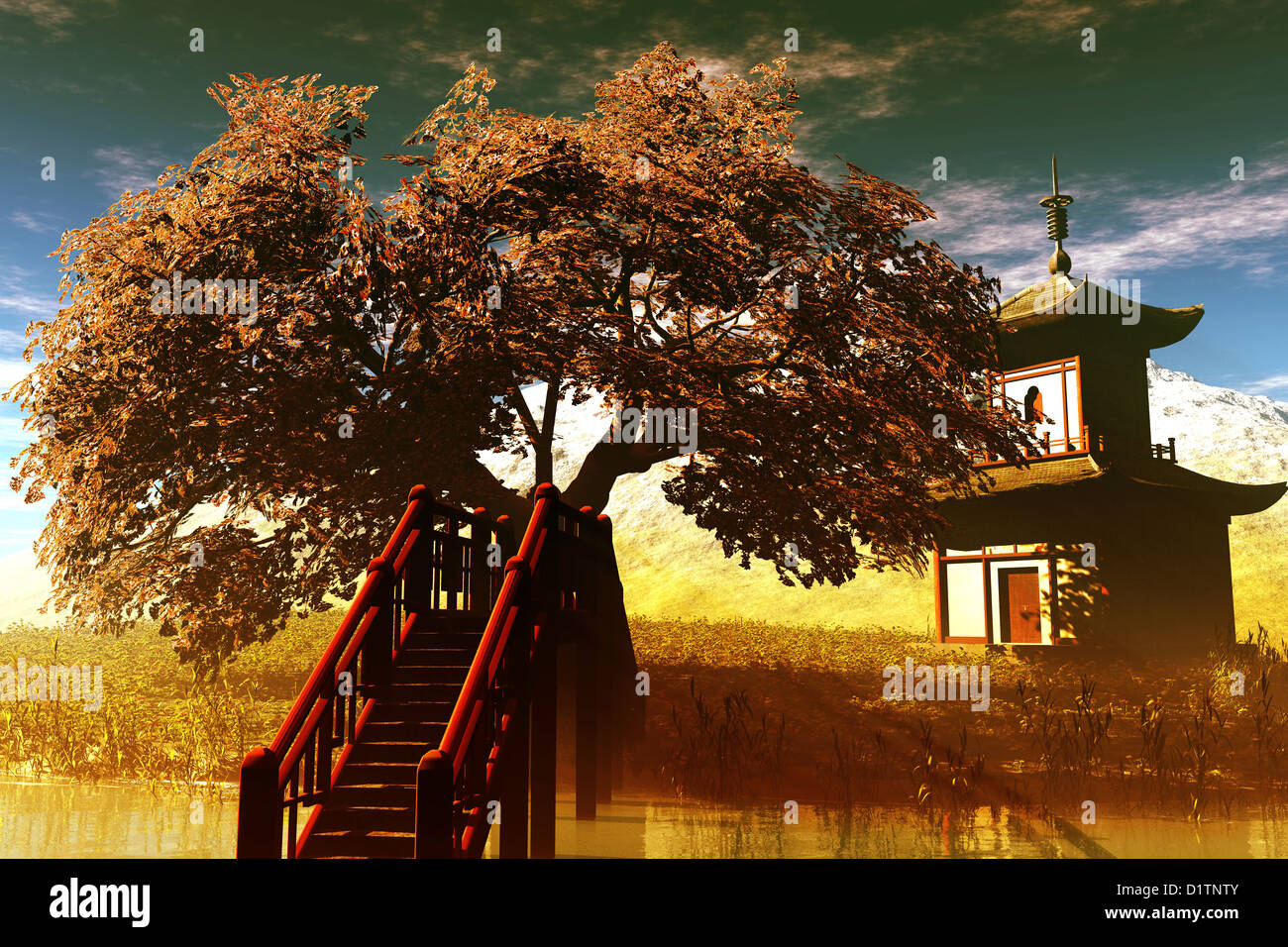 Traditional Japanese House and Bridge in Japanese Garden 3D render ...