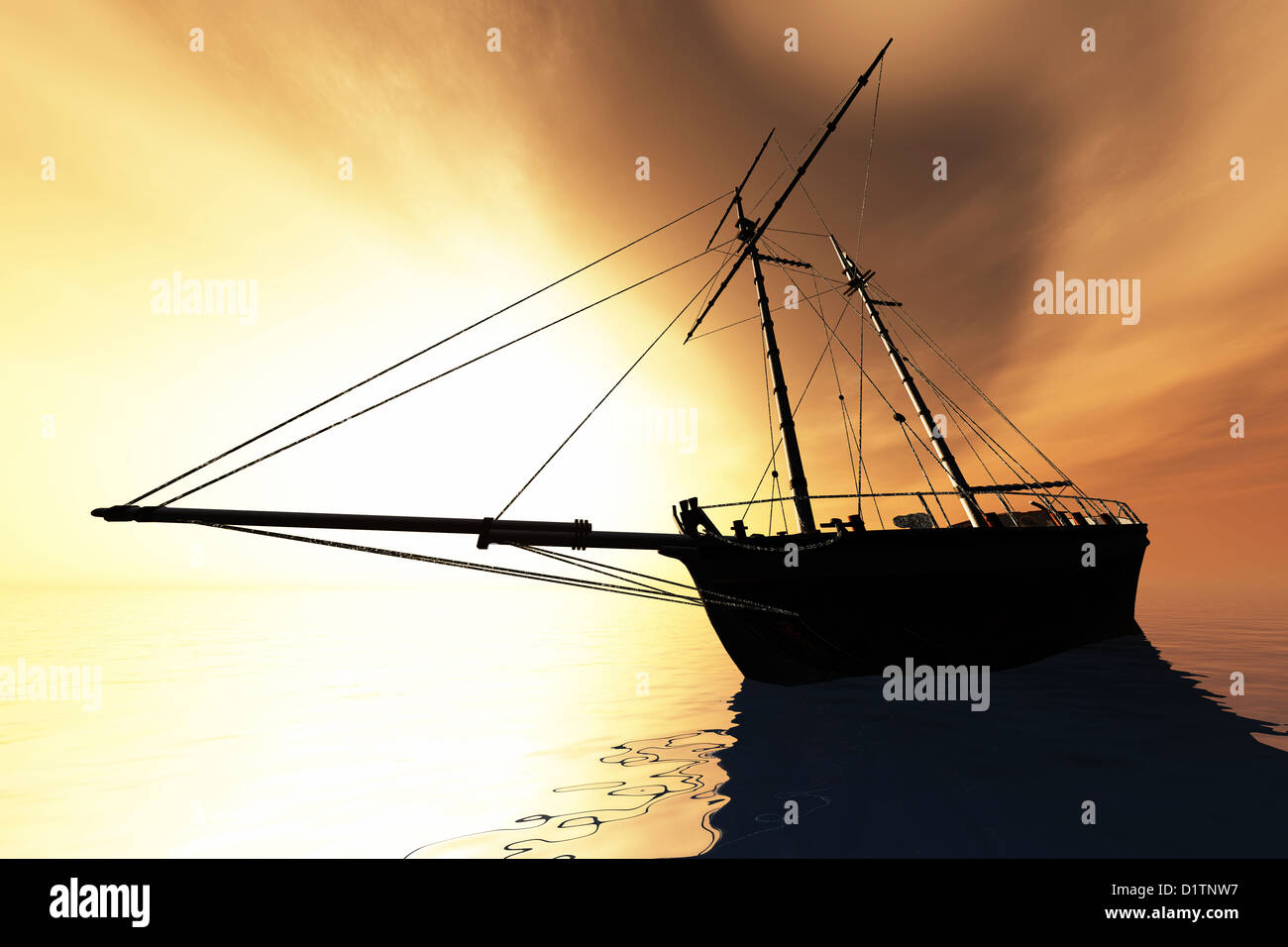 Cutter in the Sea in the Sunset Sunrise 3D render Stock Photo - Alamy