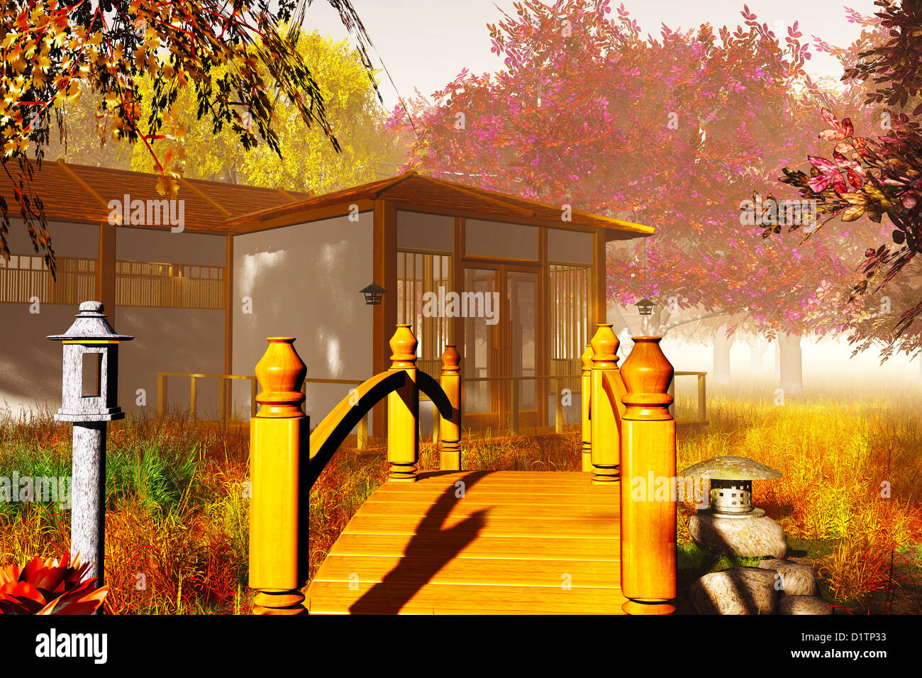Traditional Japanese House and Bridge in Japanese Garden 3D render ...