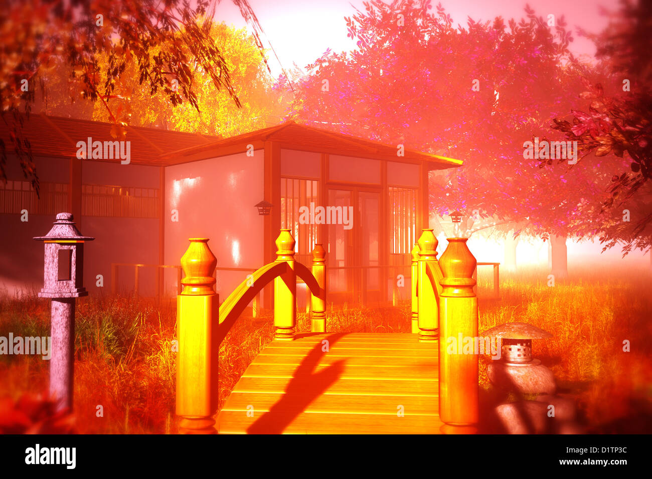 Traditional Japanese House and Bridge in Japanese Garden 3D render ...