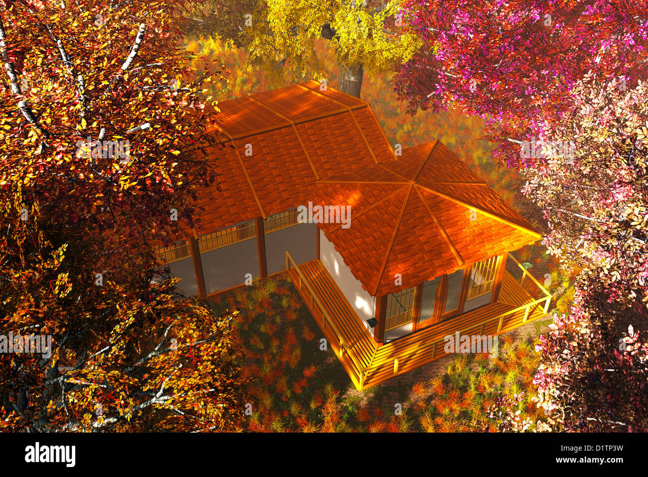 Traditional Japanese House and Bridge in Japanese Garden 3D render ...