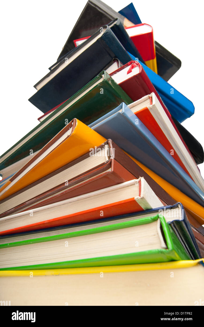 Tower of books one over the other isolated on white with space for text ...