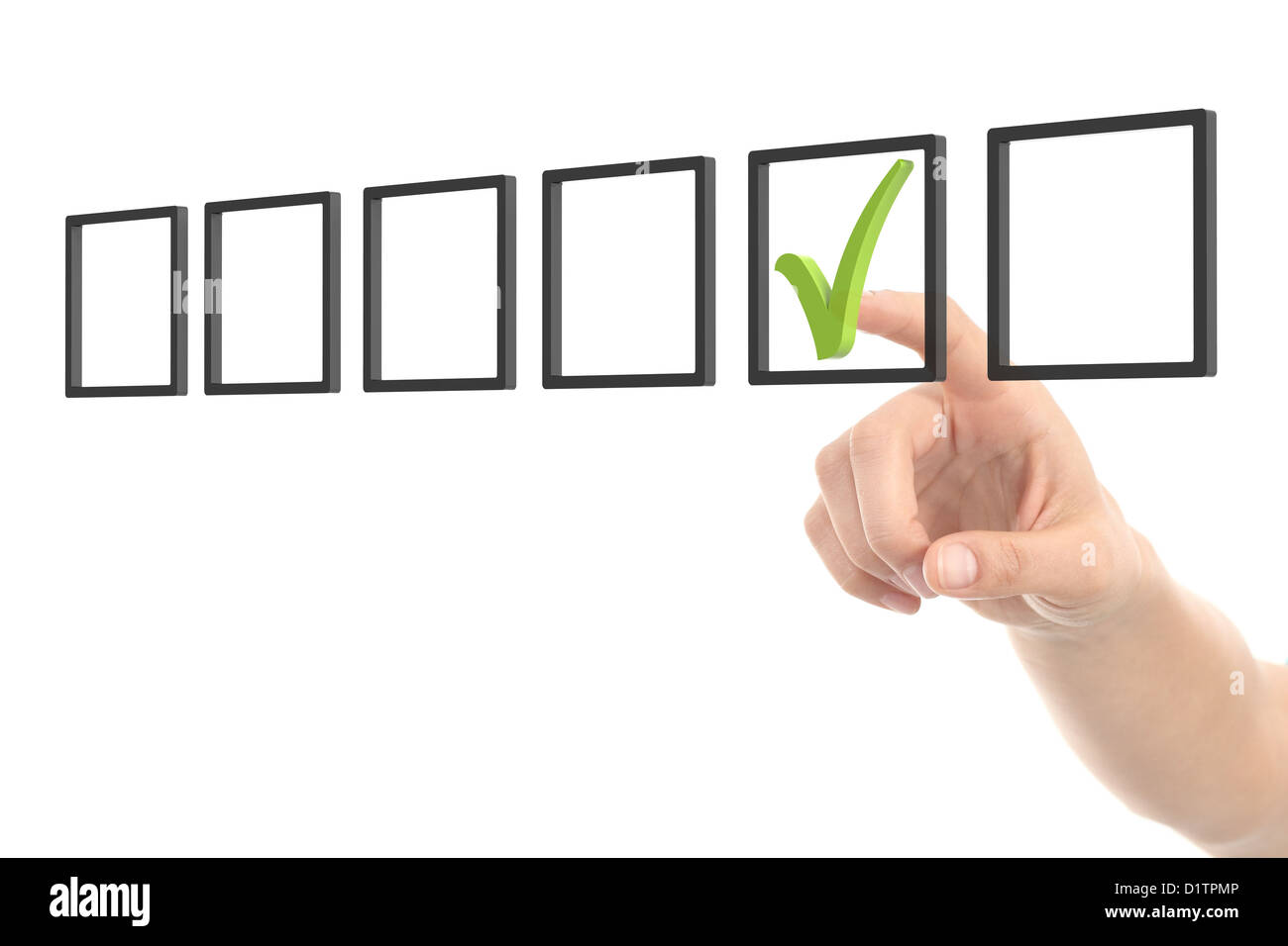 Woman hand checking tick box on a white isolated background Stock Photo ...