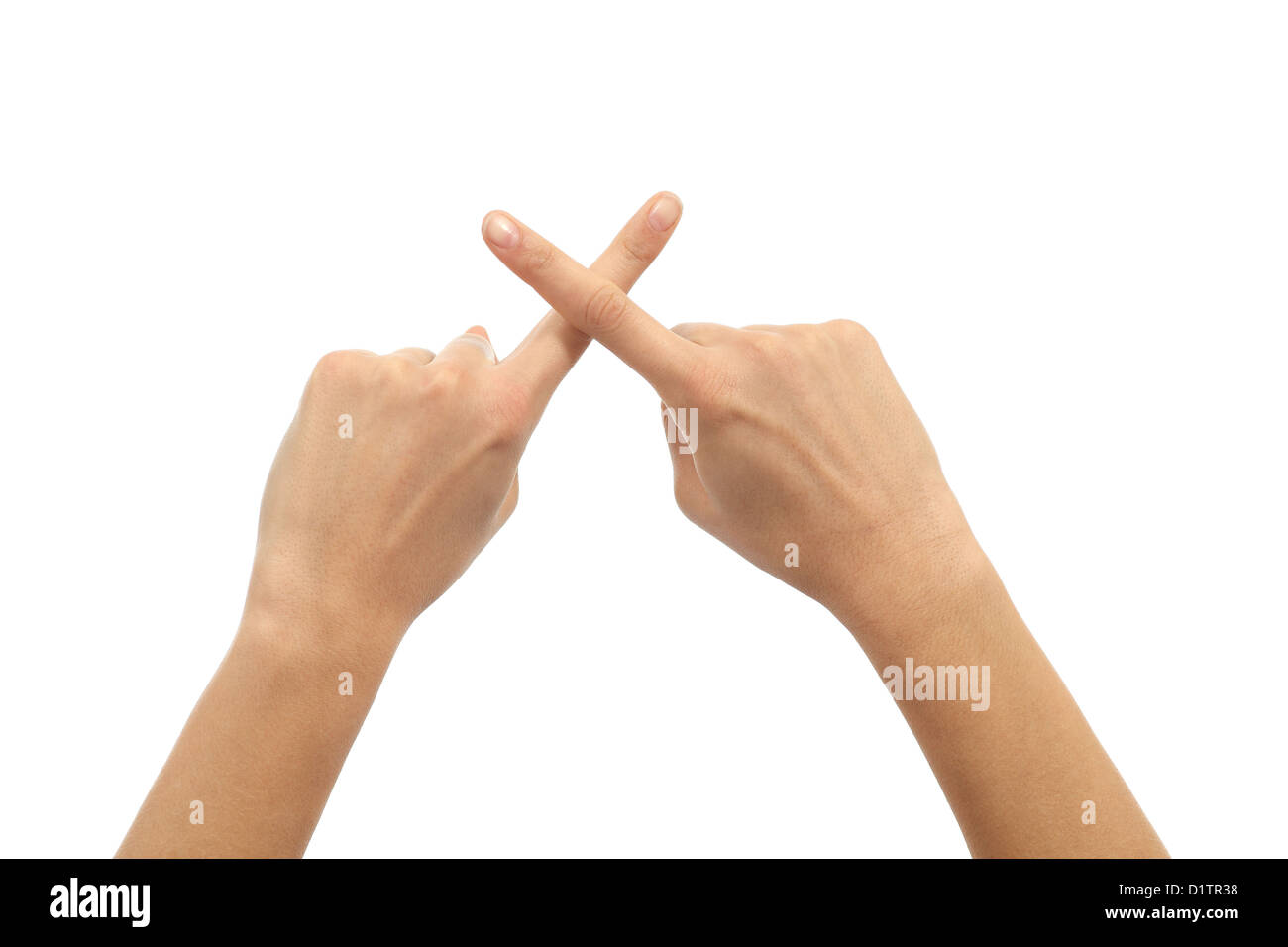 Woman hands crossing fingers on a white isolated background Stock Photo ...