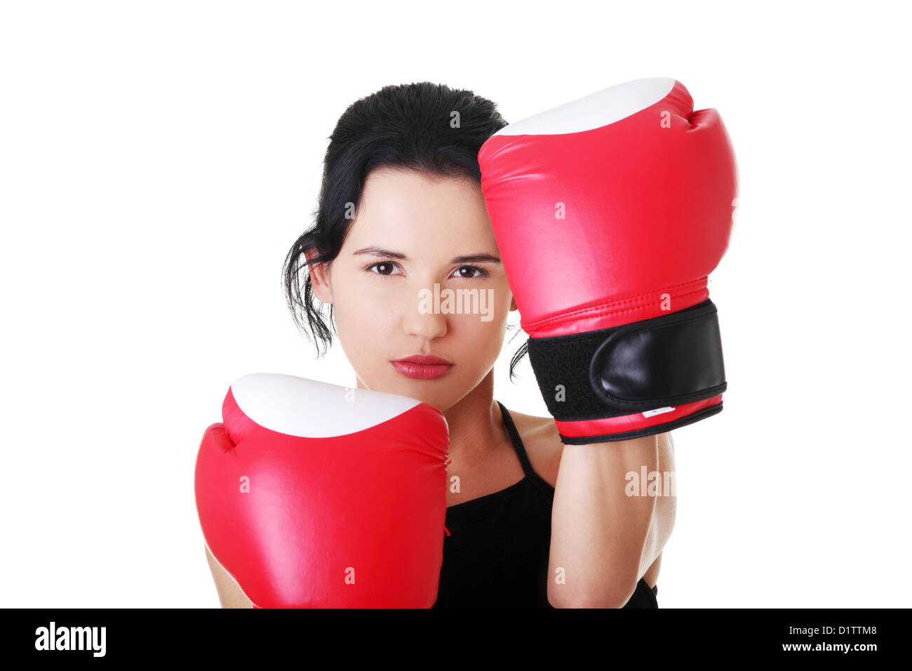 Boxing fitness woman wearing red boxing gloves. Isolated on white Stock ...