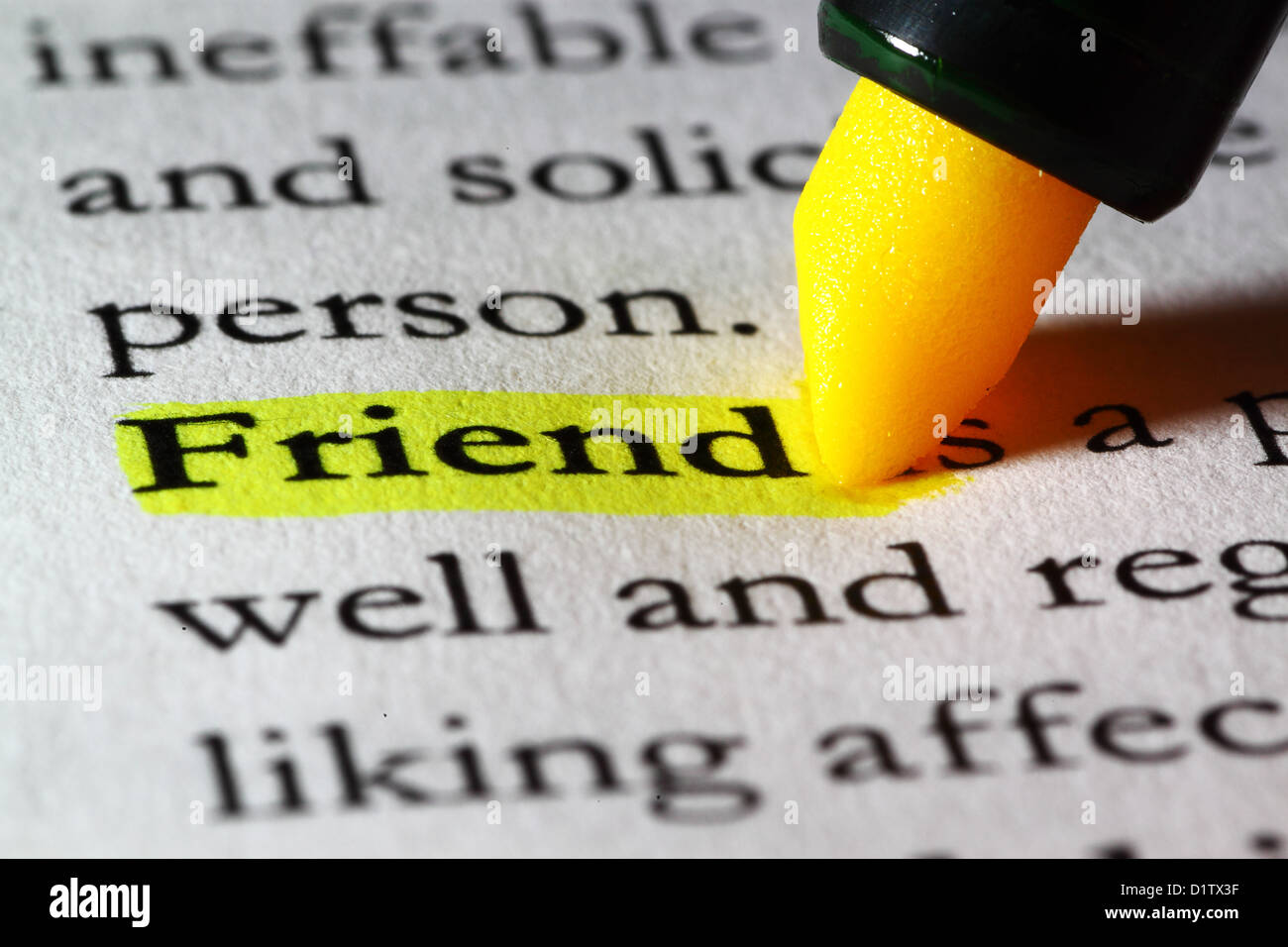 Word friend highlighted with a yellow marker Stock Photo - Alamy
