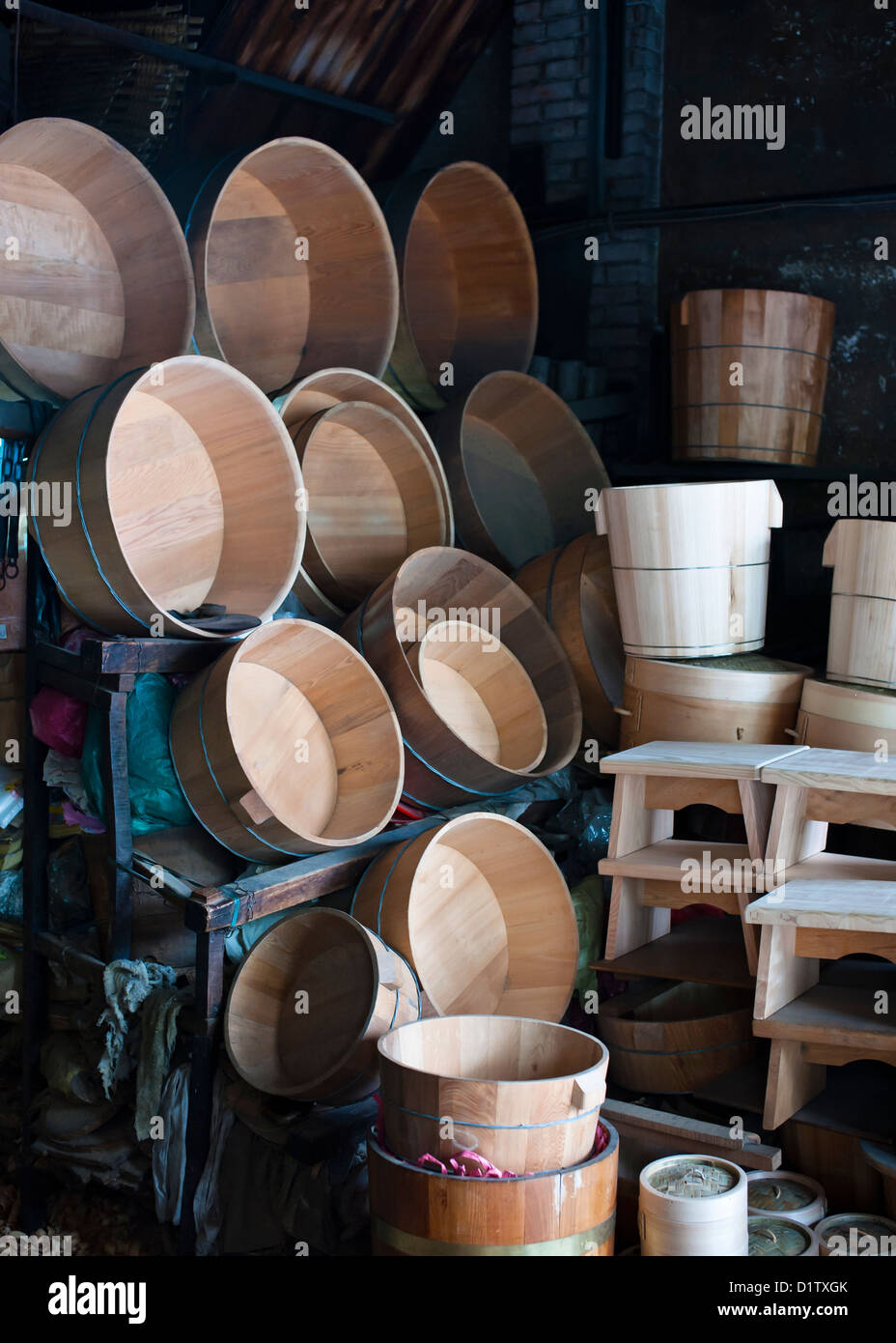 Hand-made wooden pails, Taipei Stock Photo - Alamy