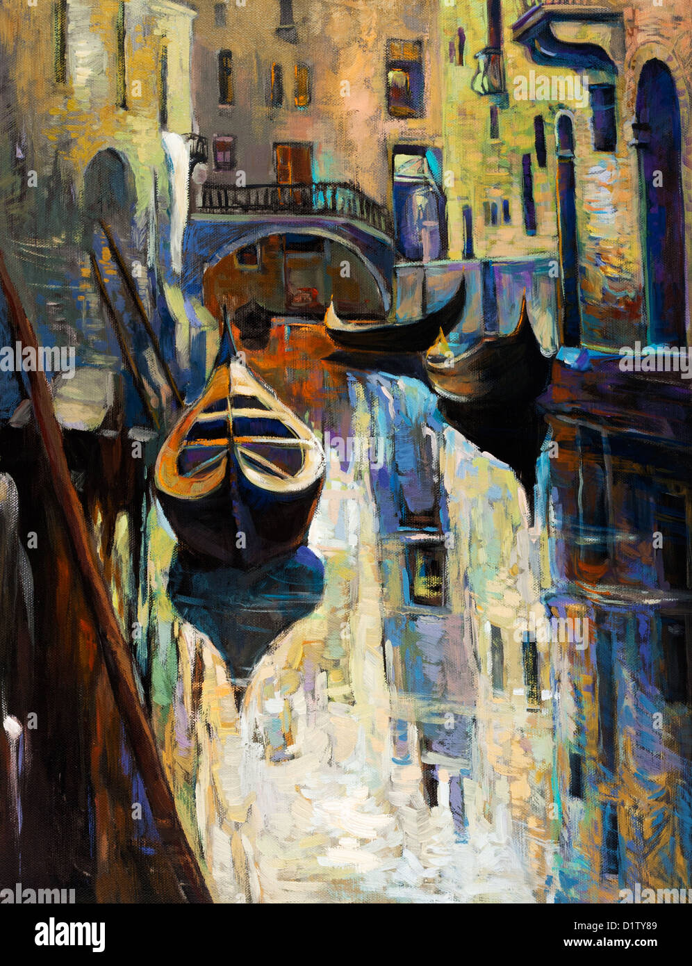 Original oil painting of beautiful Venice, Italy.gondolas and houses on canvas.Modern ...