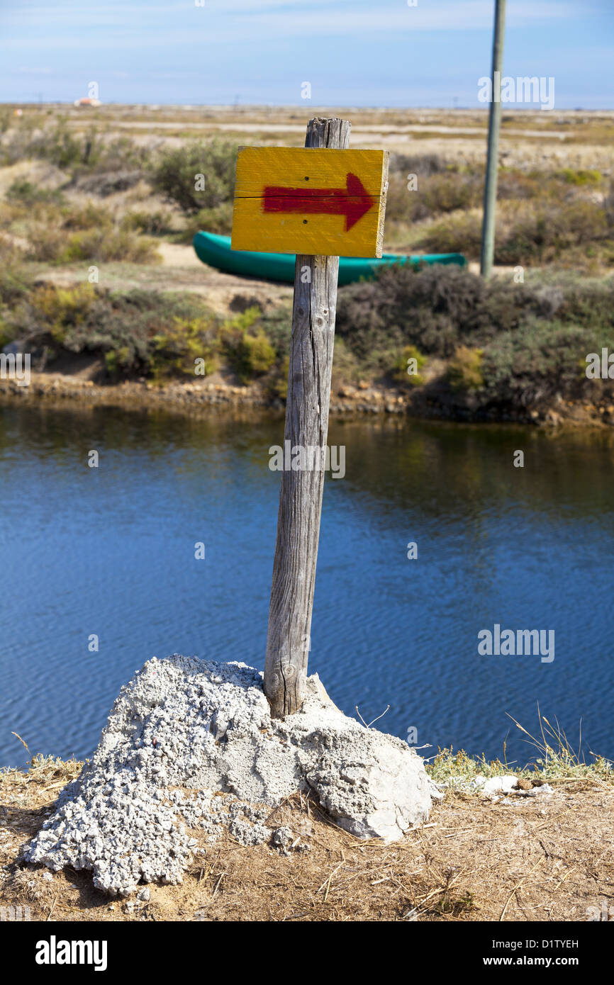 Very simple signpost from a wooden pole with a small board and hand ...