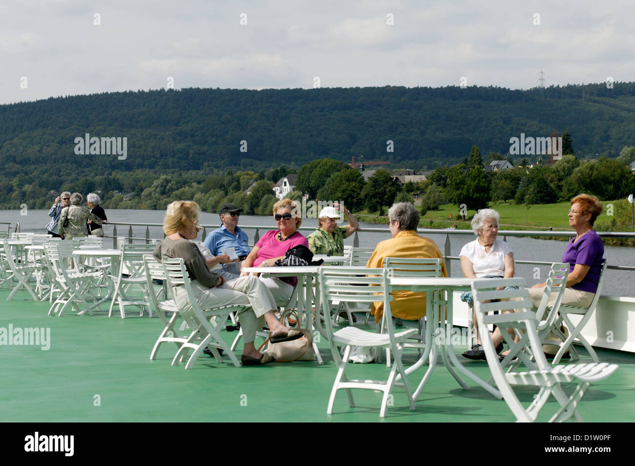Ruwer, Germany, older Passengers on the upper deck of a ship on a ...