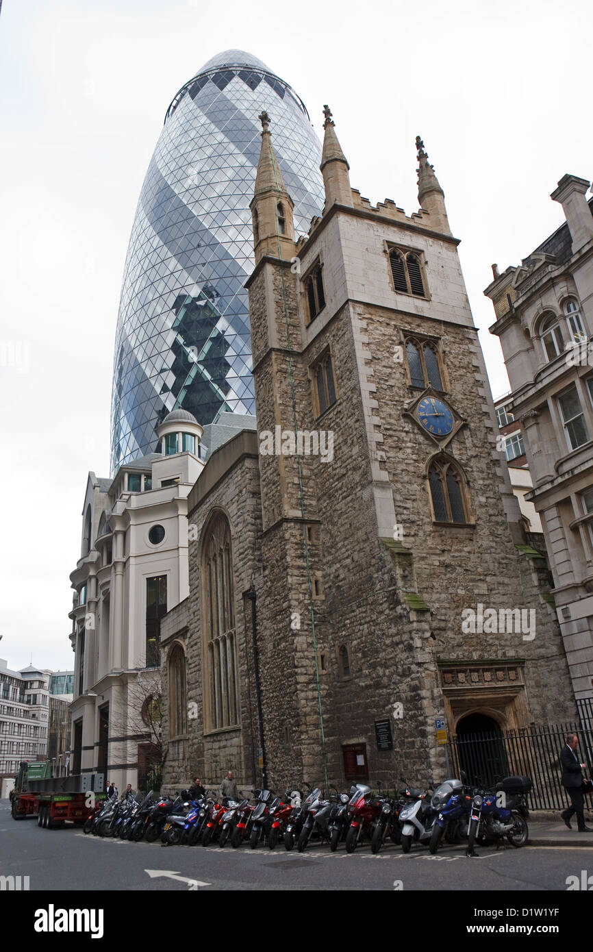 St Andrew Undershaft with the Gherkin in the background in St Mary Axe ...