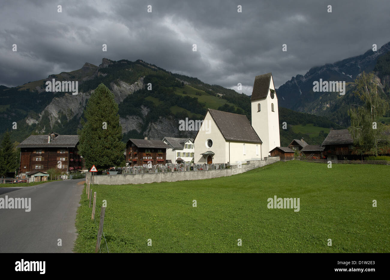 Elm, Switzerland, overlooking Elm with historic houses and the church ...