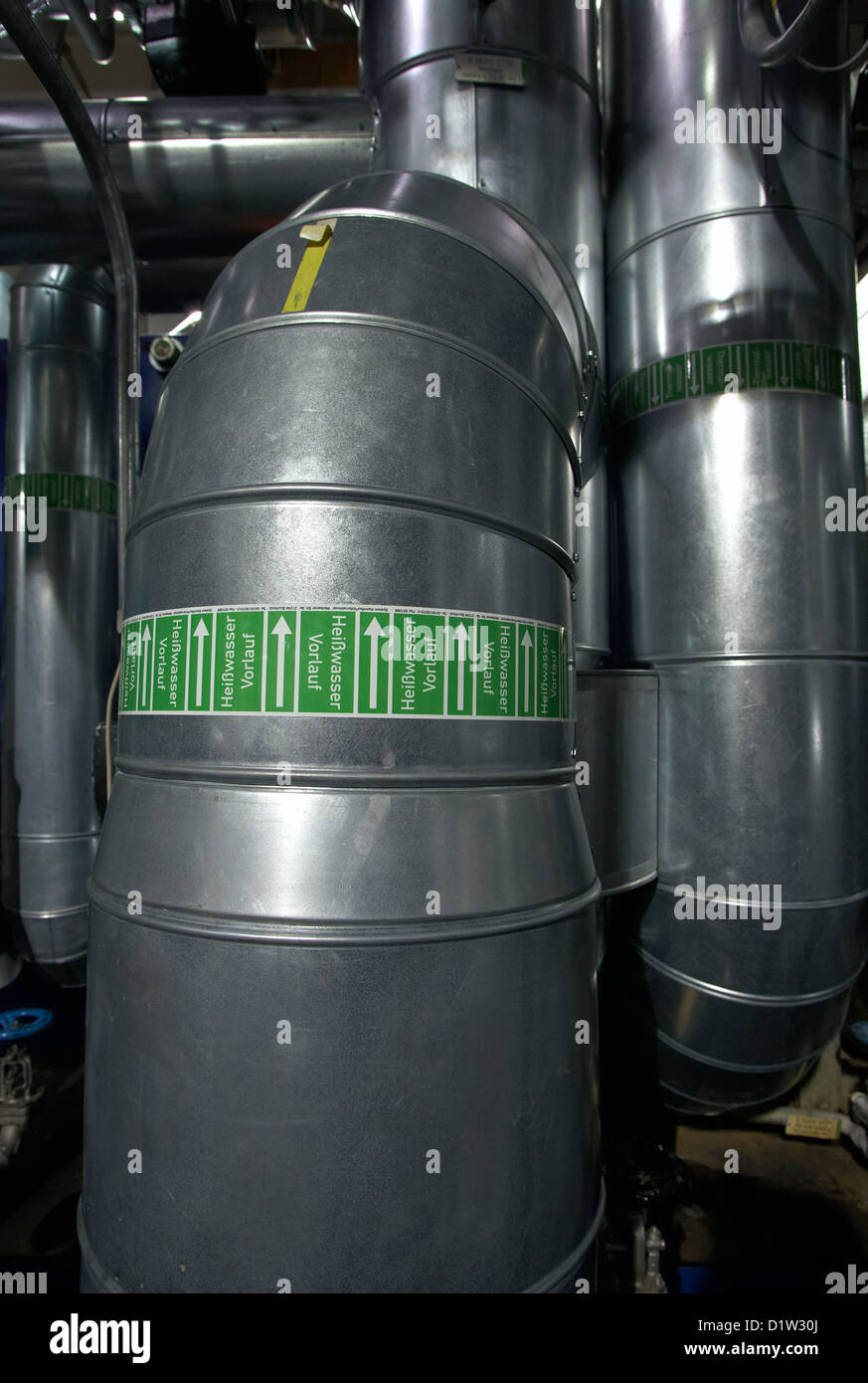 Unterhaching, Germany, pipe systems for the hot water flow in the ...