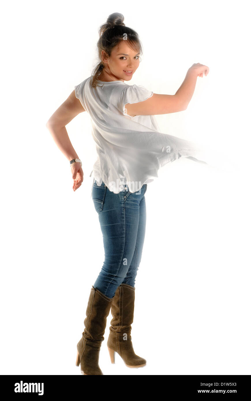 Beautiful young woman standing portrait isolated on white Stock Photo ...