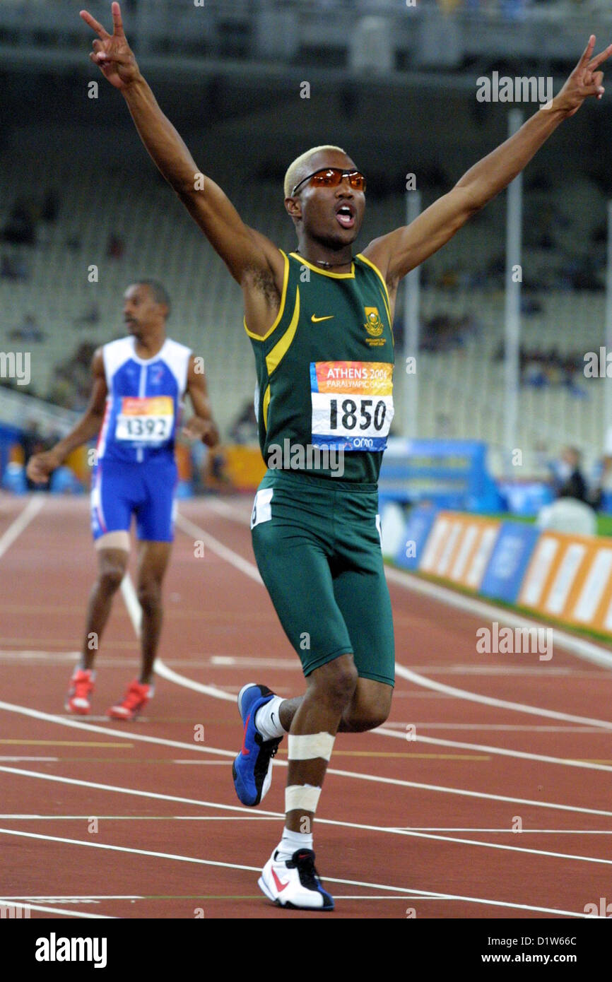 Teboho Mokgalagadi winning race, Athens Paralympic Games 2004 Stock ...
