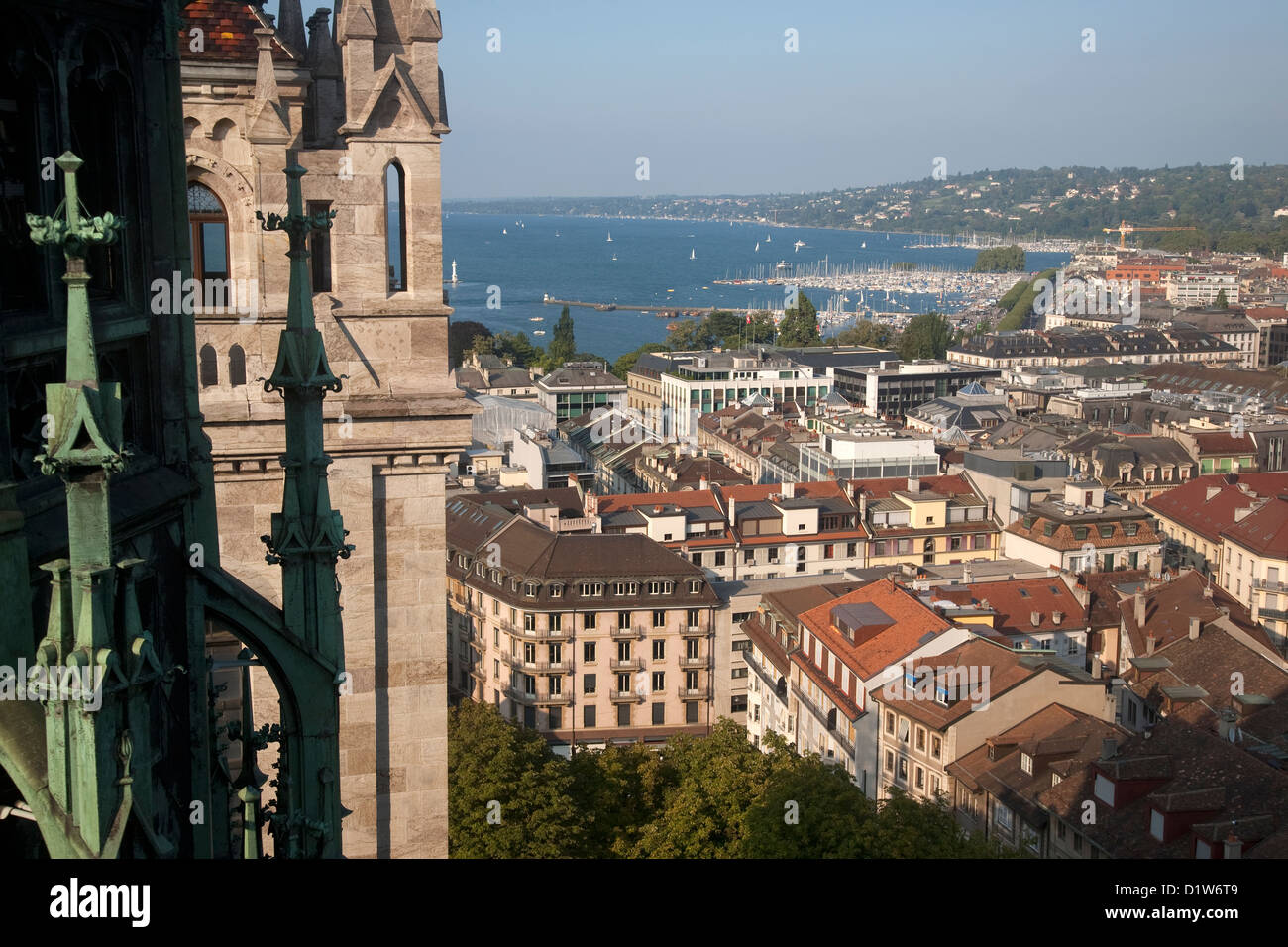 Cathedral Tower and view of Lake Geneva; Switzerland Stock Photo - Alamy