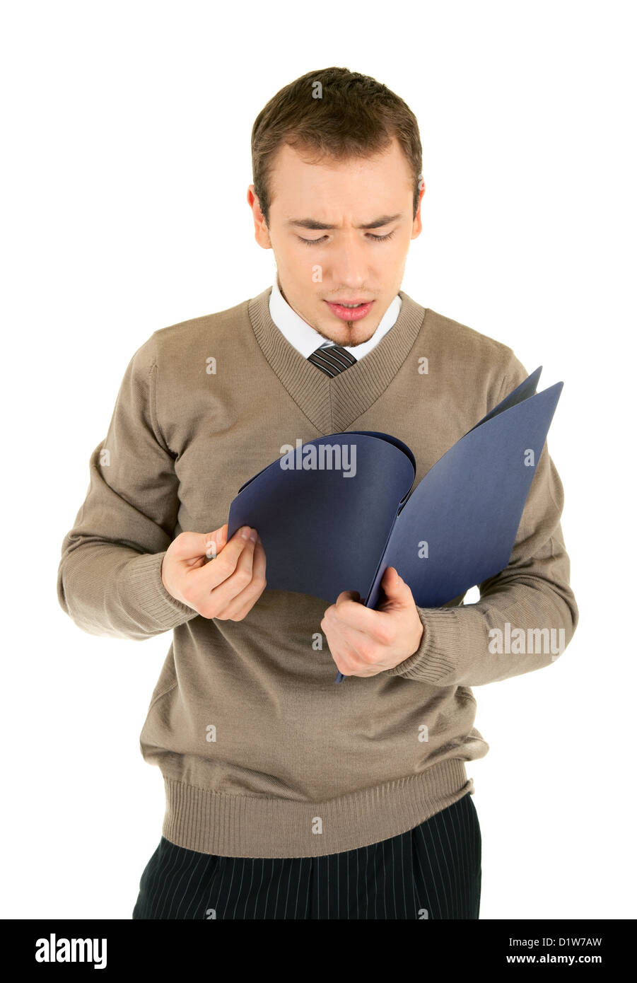 Puzzled young manager with document folder isolated on white background ...