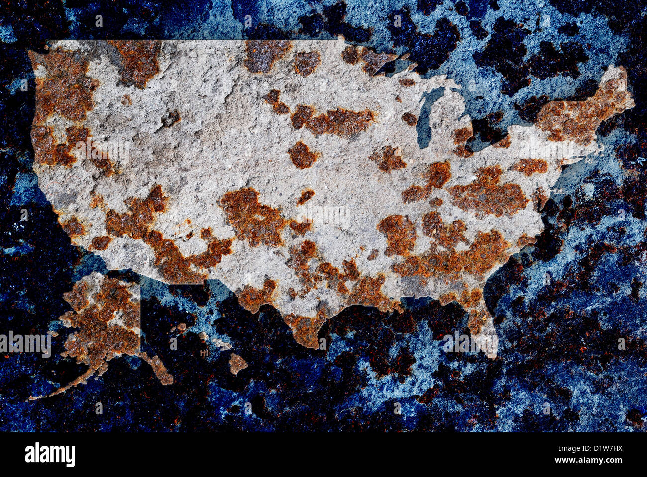 Rusty metal plate with coloured map of the United States of America ...