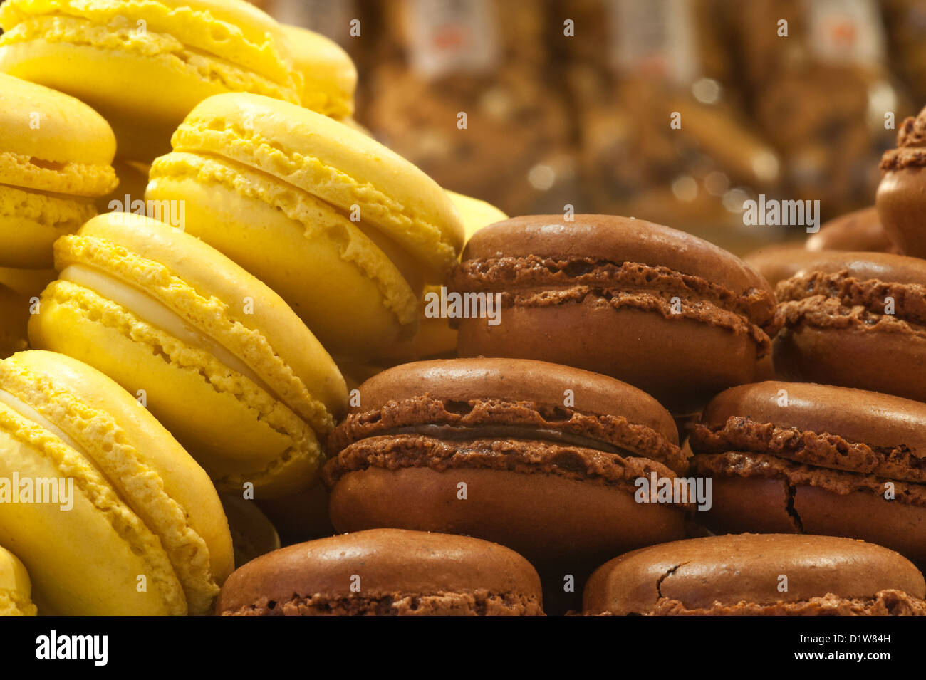 Delicious colorful macaroones at the bakery display Stock Photo - Alamy