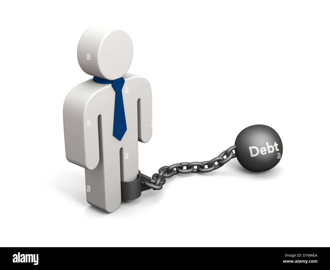 Concept of debt. Illustration of a person with tie chained to iron ball ...